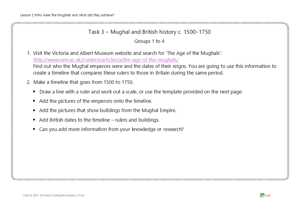Lesson 2 Who were the Mughals and what did they achieve?: timeline ...