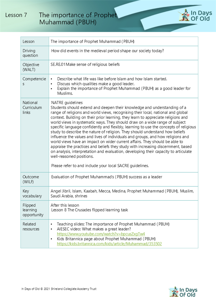 Lesson 7 The importance of Prophet Muhammad (PBUH): teacher notes ...