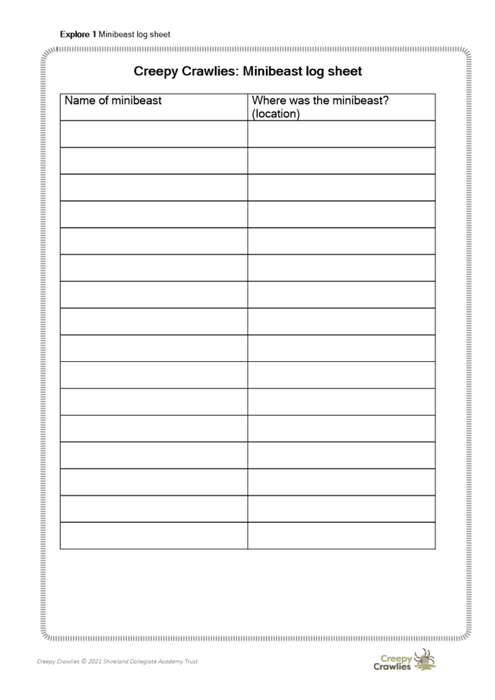 Explore 1 Minibeast hunt: Minibeast log sheet | eduu.school