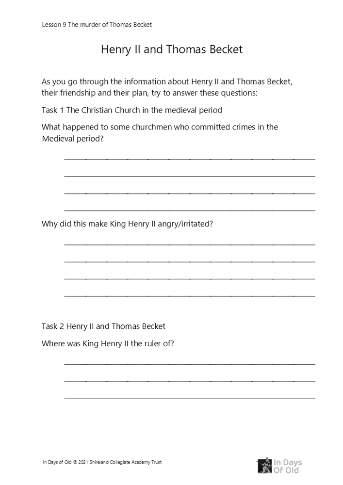 Lesson 9: Henry II and Thomas Becket Worksheet | eduu.school