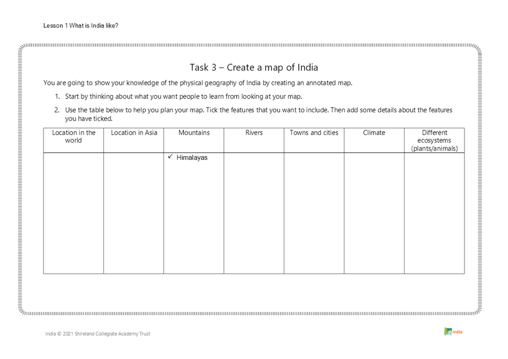 Lesson 1 What is India like?: create a Map of India - table template ...