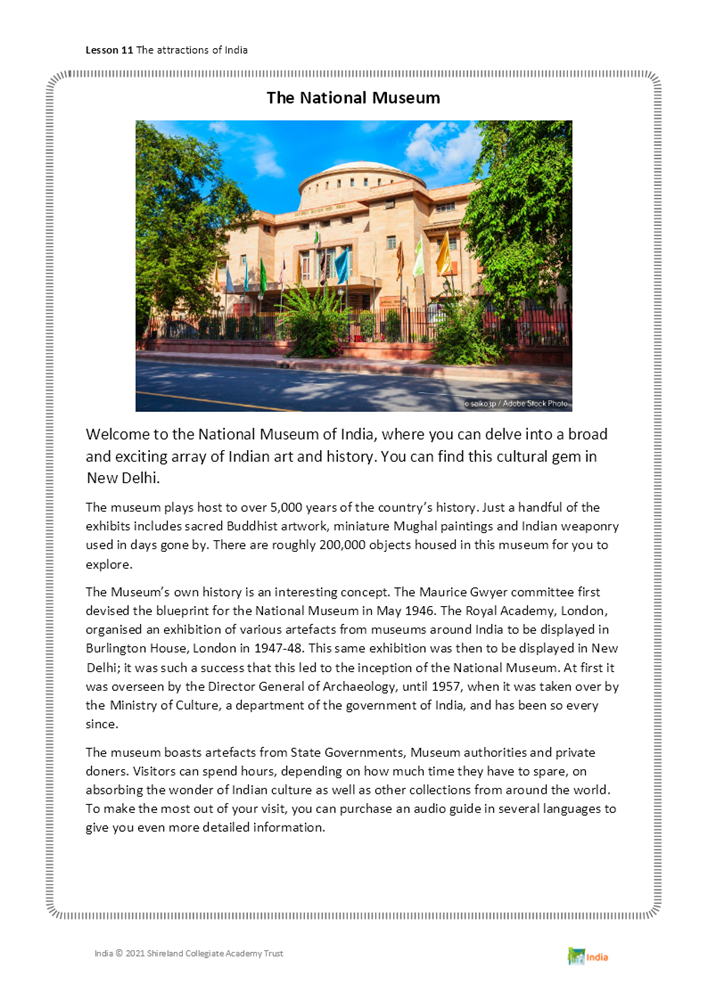 Lesson 11 The attractions of India: the National Museum fact file ...