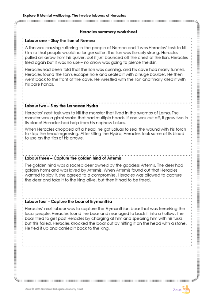 Explore 8 The twelve labours of Heracles: summary worksheet | eduu.school