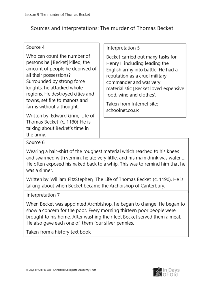 Lesson 9 The murder of Thomas Becket sources and interpretations ...